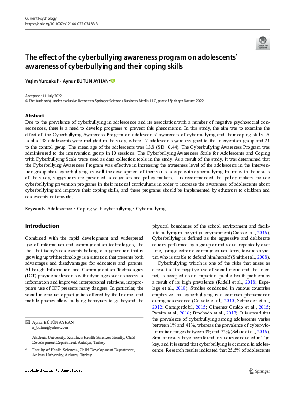 (PDF) The effect of the cyberbullying awareness program on adolescents ...