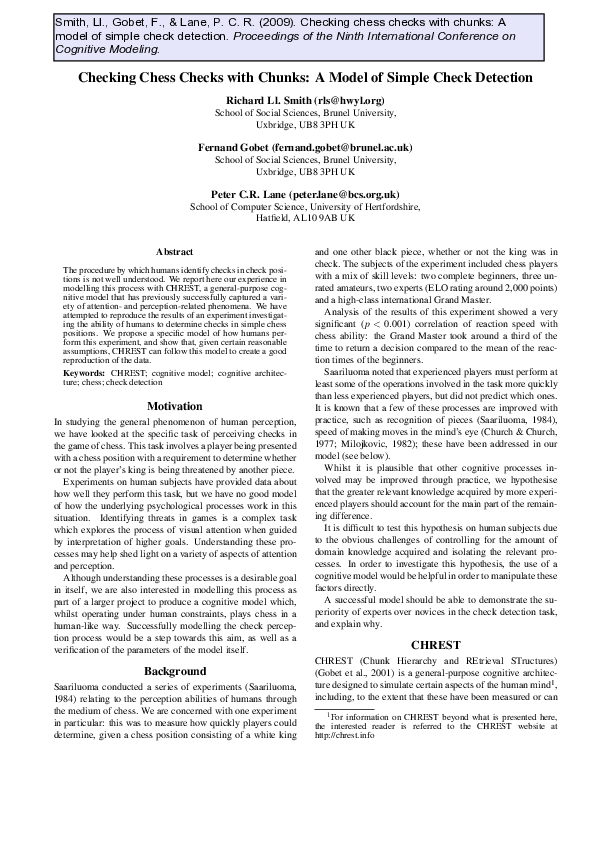 (PDF) Checking chess checks with chunks: A model of simple check detection
