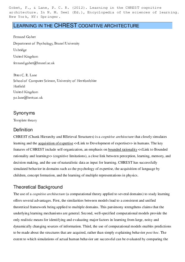 (PDF) Learning in the CHREST Cognitive Architecture