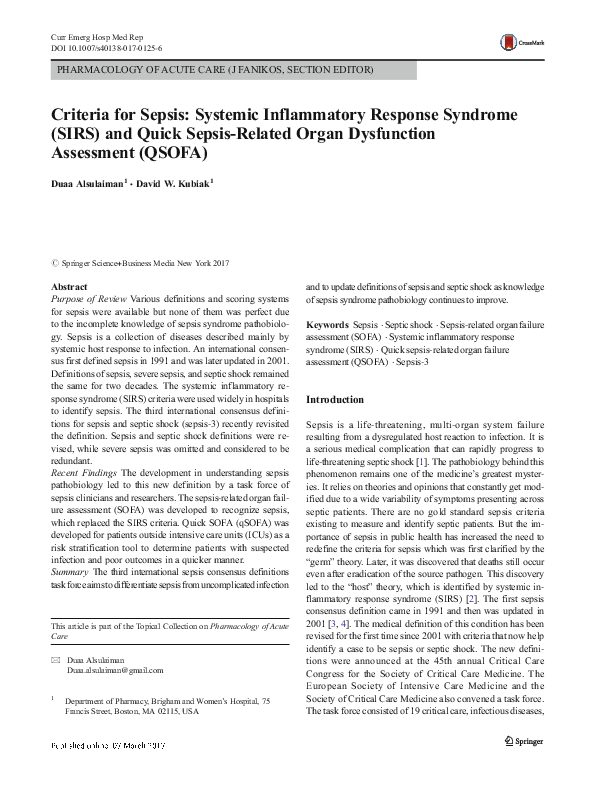 (PDF) Criteria for Sepsis: Systemic Inflammatory Response Syndrome (SIRS) and Quick Sepsis ...
