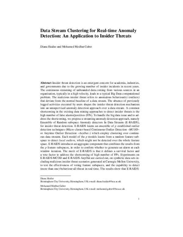 (PDF) Data Stream Clustering for Real-Time Anomaly Detection: An Application to Insider Threats