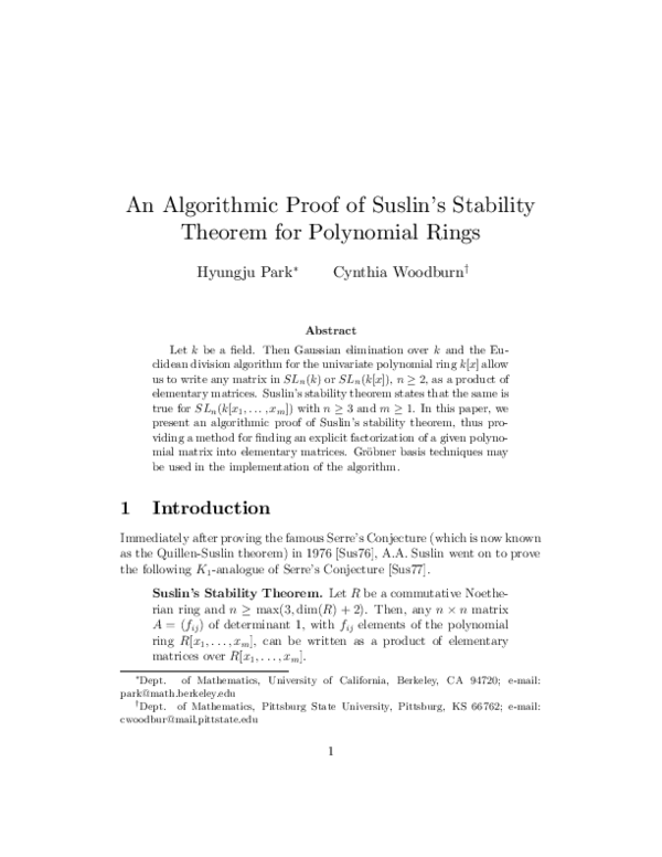 (PDF) An Algorithmic Proof of Suslin′s Stability Theorem for Polynomial ...