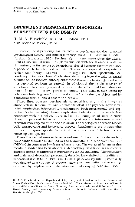 (PDF) Dependent Personality Disorder: Perspectives for DSM-IV