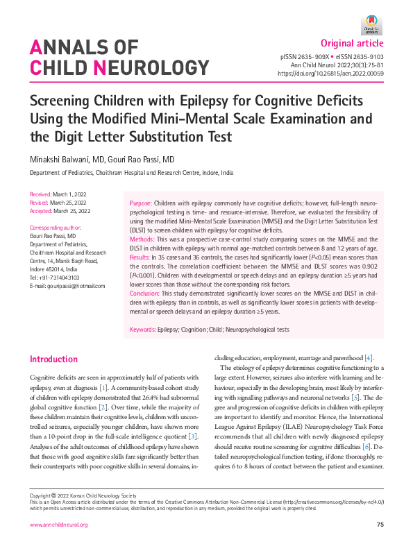 (PDF) Screening Children with Epilepsy for Cognitive Deficits Using the ...