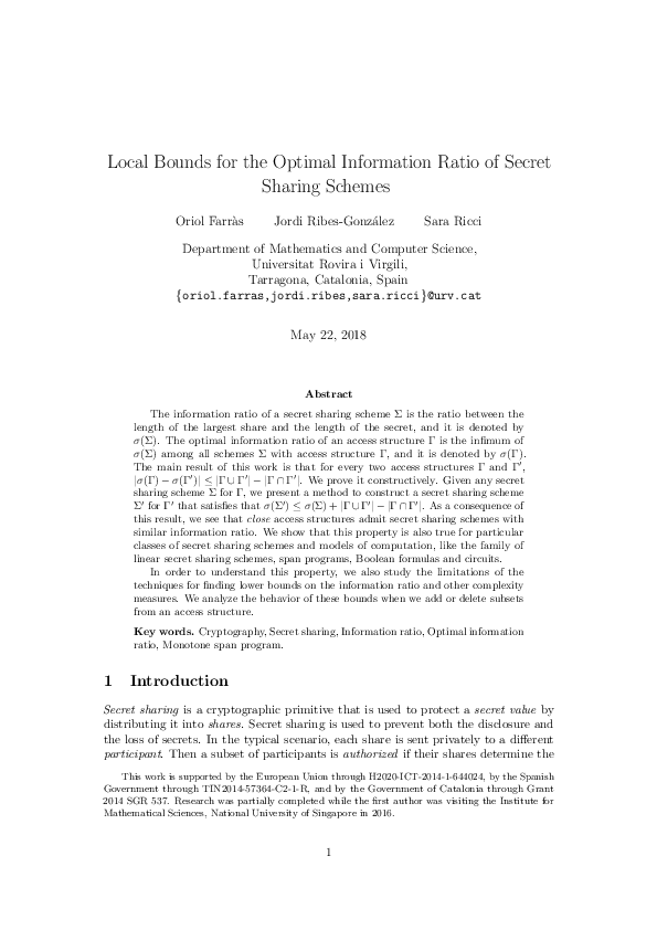 (PDF) Bounds on the Information Ratios of Secret Sharing Schemes for Close Access Structures