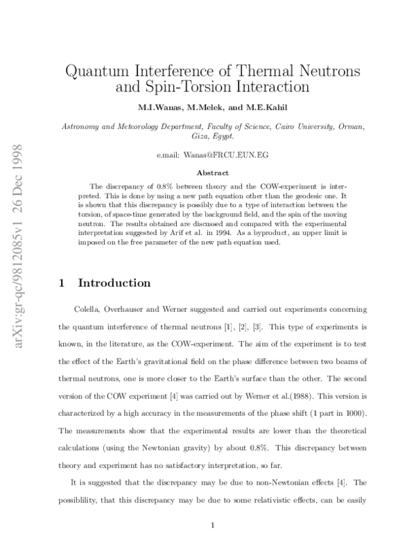 (PDF) Quantum Interference of Thermal Neutrons and Spin-Torsion Interaction