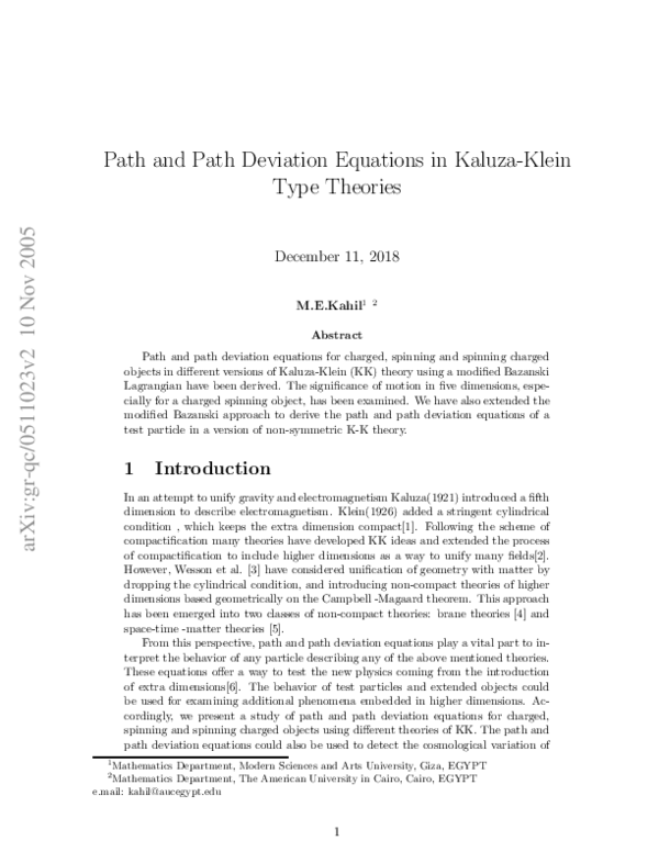 (PDF) Path and Path Deviation Equations in Kaluza-Klein Type Theories ...