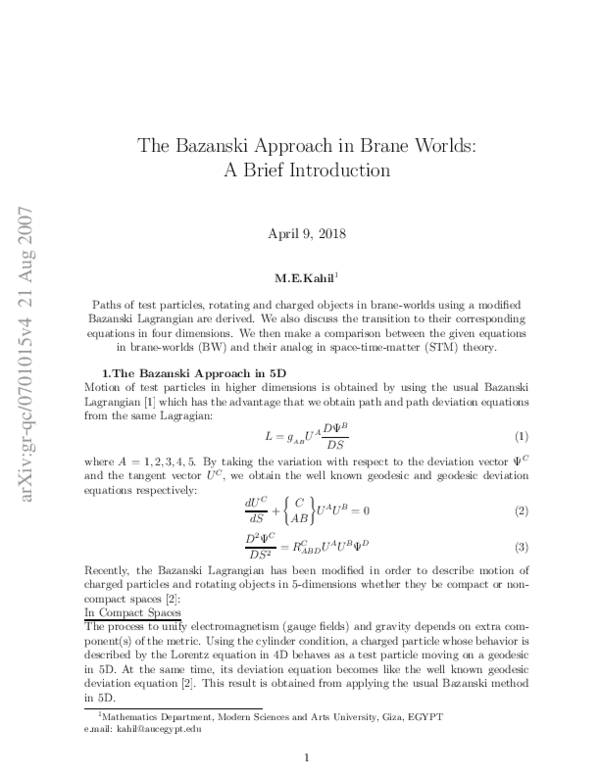 (PDF) The Bazanski Approach in Brane Worlds: A Brief Introduction