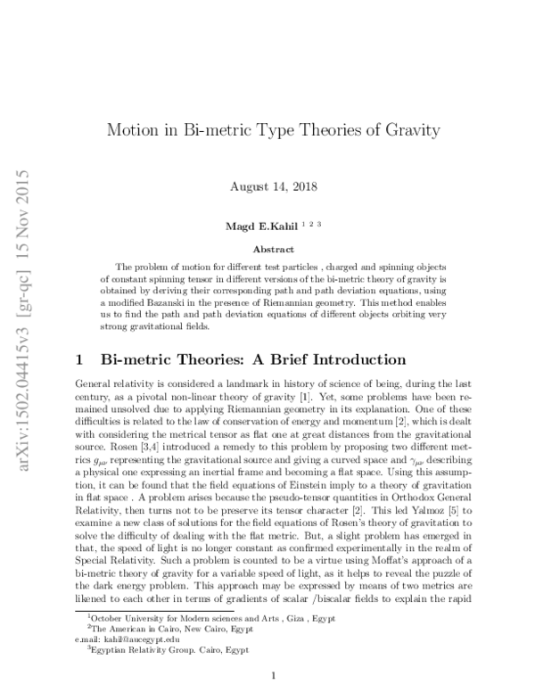(PDF) Motion in bimetric type theories of gravity
