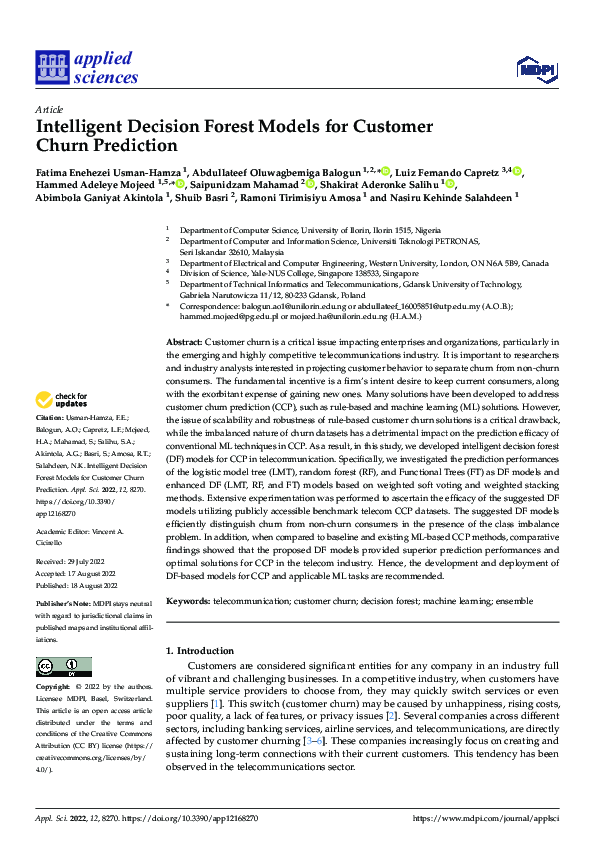 Pdf Intelligent Decision Forest Models For Customer Churn Prediction