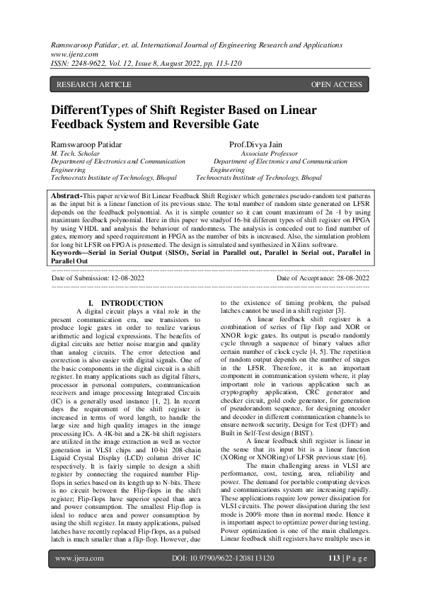 Pdf Differenttypes Of Shift Register Based On Linear Feedback System And Reversible Gate