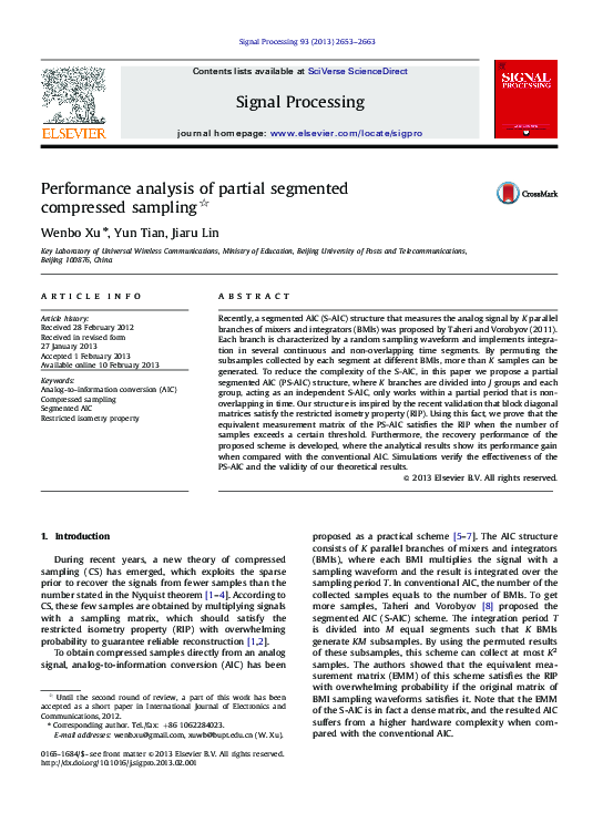 Pdf Performance Analysis Of Partial Segmented Compressed Sampling