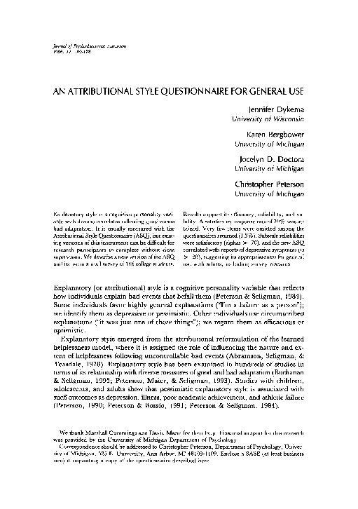 (PDF) An Attributional Style Questionnaire for General Use