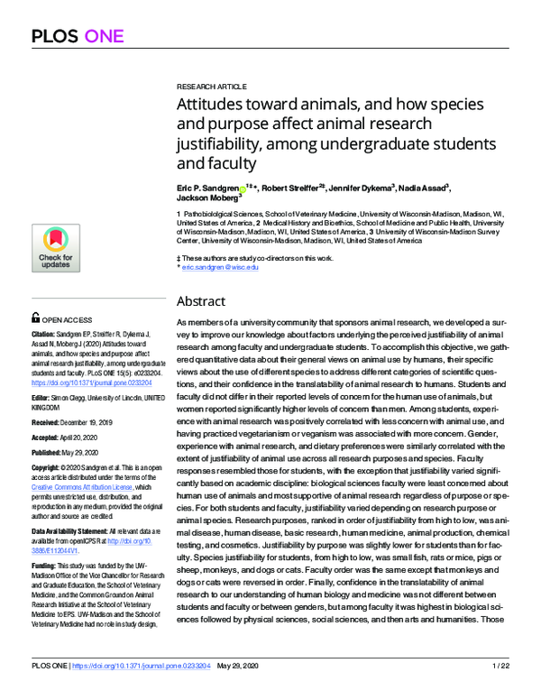 (PDF) Attitudes toward animals, and how species and purpose affect ...