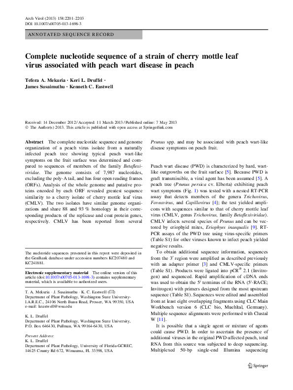 Complete nucleotide sequence of a strain of cherry mottle leaf virus ...