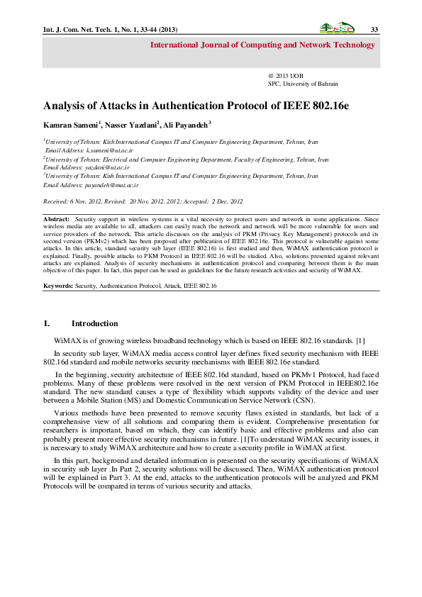 (PDF) Analysis of Attacks in Authentication Protocol of IEEE 802.16e