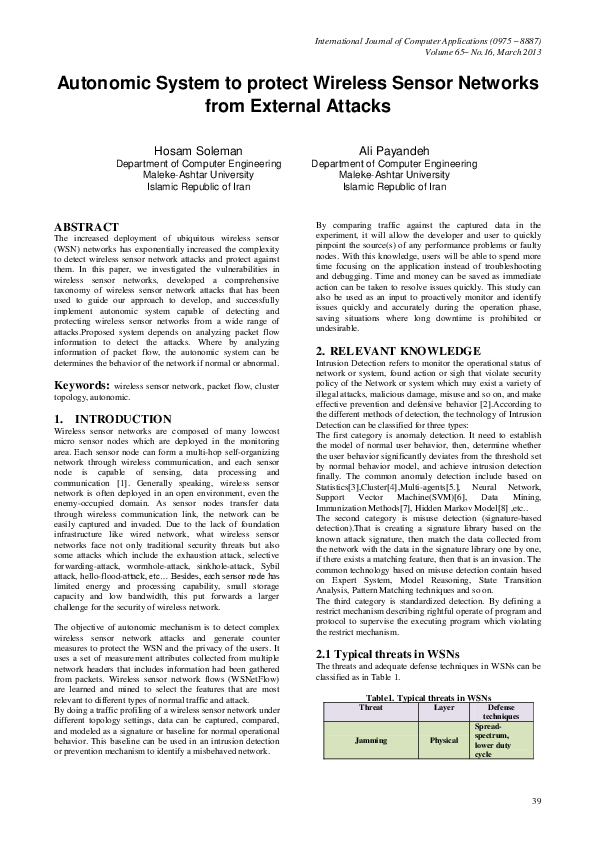 (PDF) Autonomic System to protect Wireless Sensor Networksfrom External Attacks
