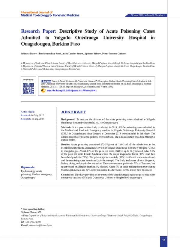 (PDF) Descriptive Study of Acute Poisoning Cases Admitted to Yalgado ...