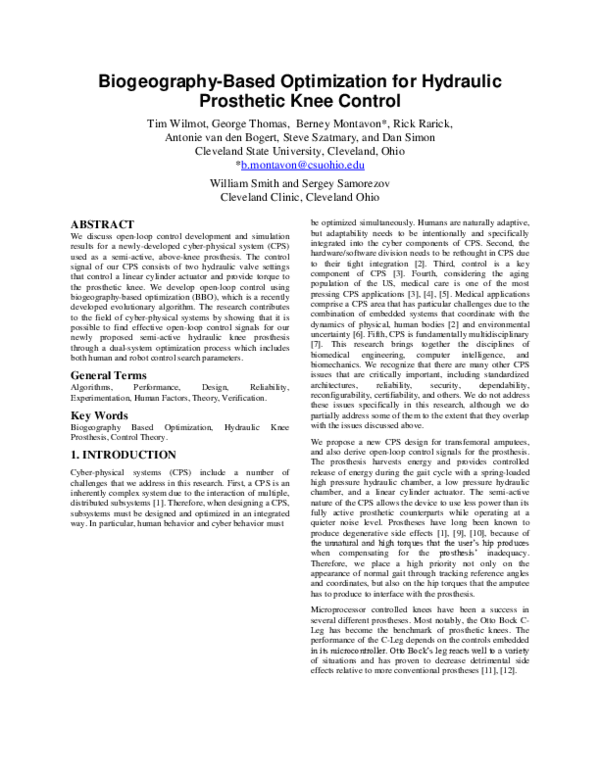(PDF) Biogeography-Based Optimization for Hydraulic Prosthetic Knee Control