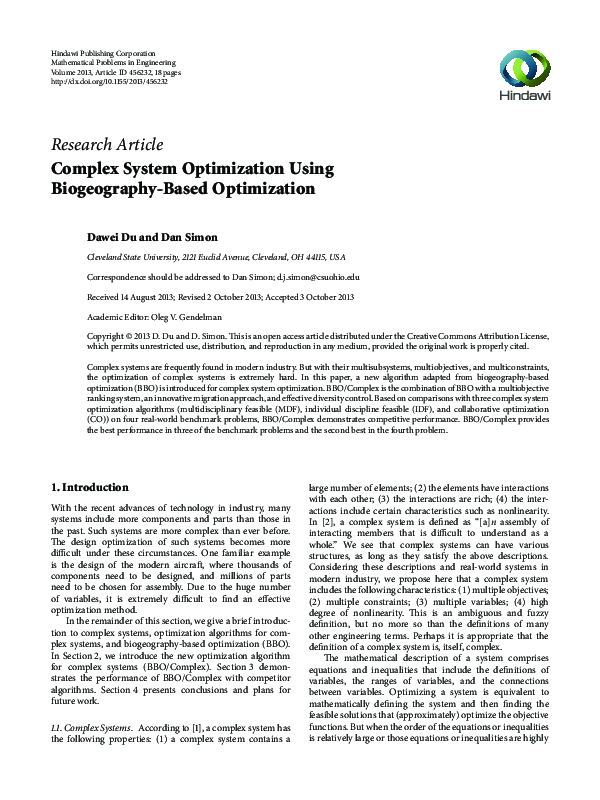 Pdf Complex System Optimization Using Biogeography Based Optimization 