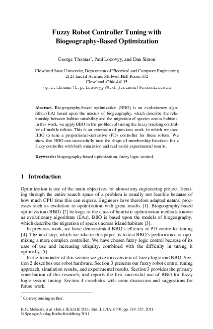 Pdf Fuzzy Robot Controller Tuning With Biogeography Based Optimization Dan Simon 