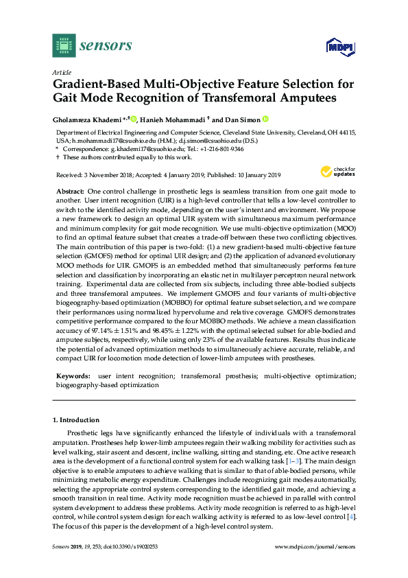 Pdf Gradient Based Multi Objective Feature Selection For Gait Mode