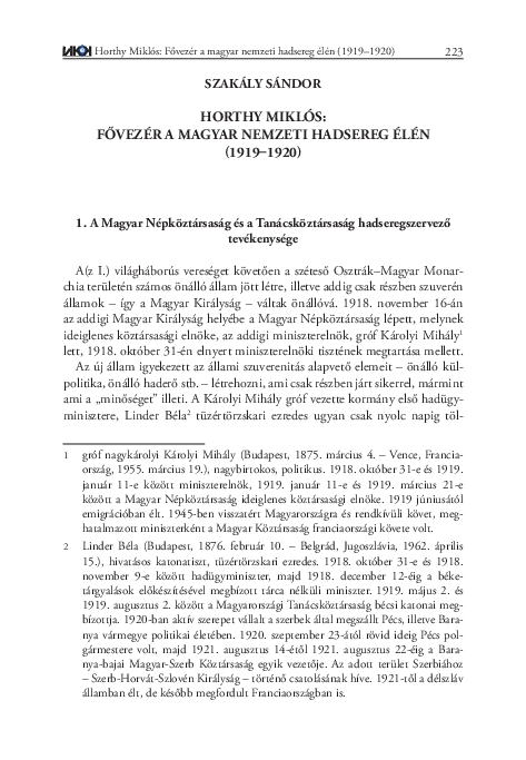 (PDF) Horthy Miklós : fővezér a Magyar Nemzeti Hadsereg élén, 1919-1920
