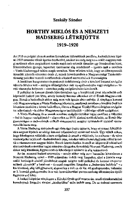 (PDF) Horthy Miklós és a Nemzeti Hadsereg létrejötte, 1919-1920