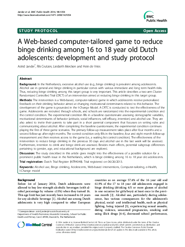 (PDF) A Web-based computer-tailored game to reduce binge drinking among 16 to 18 year old Dutch ...
