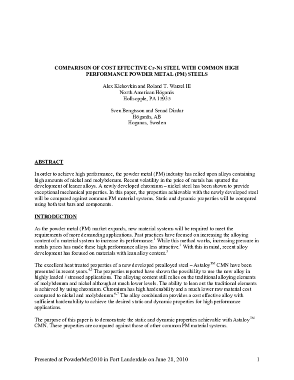 (PDF) COMPARISON OF COST EFFECTIVE Cr-Ni STEEL WITH COMMON HIGH PERFORMANCE POWDER METAL (PM) STEELS