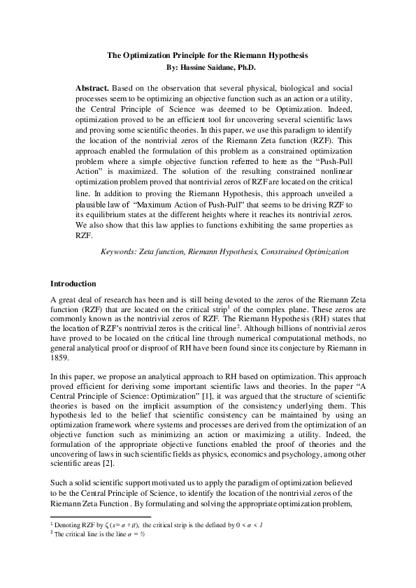 (PDF) The Optimization Principle for the Riemann Hypothesis