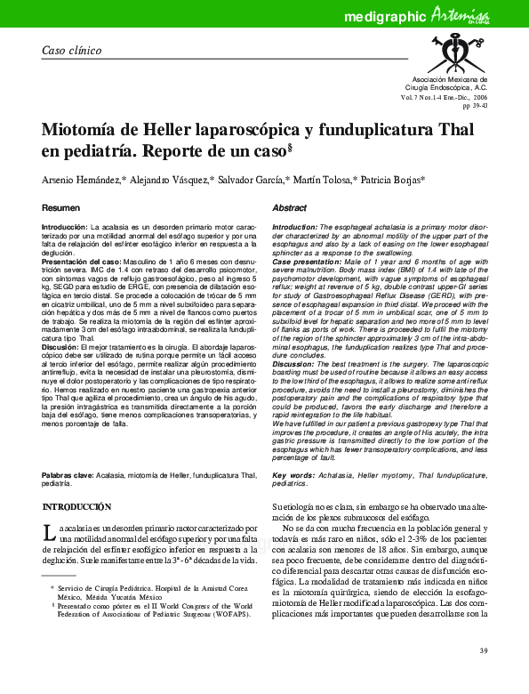 (PDF) Miotomía De Heller Laparoscópica Y Funduplicatura Thal En ...
