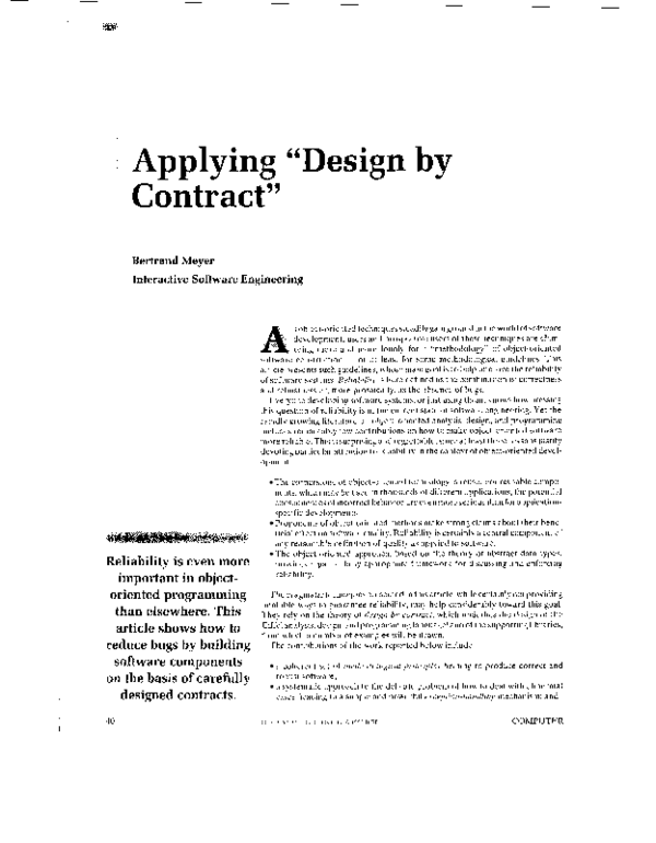 (PDF) Applying 'design by contract