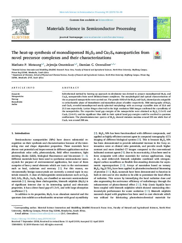 (PDF) The heat-up synthesis of monodispersed Bi2S3 and Cu7S4 ...