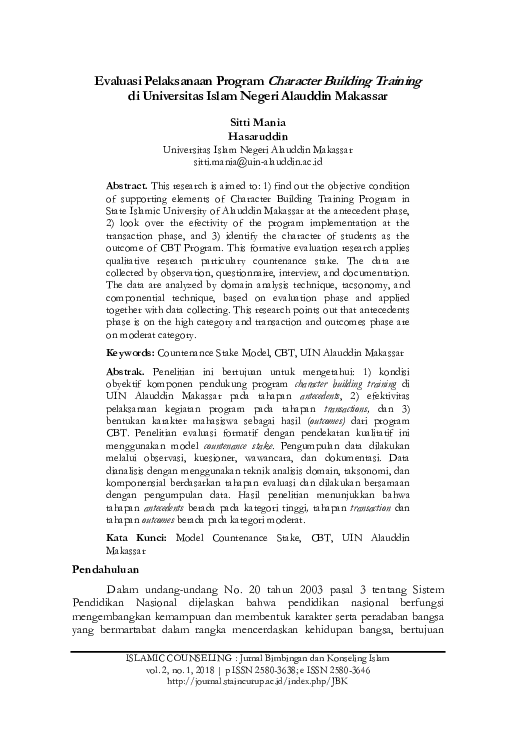 (PDF) Evaluasi Pelaksanaan Program Character Building Training di Universitas Islam Negeri ...