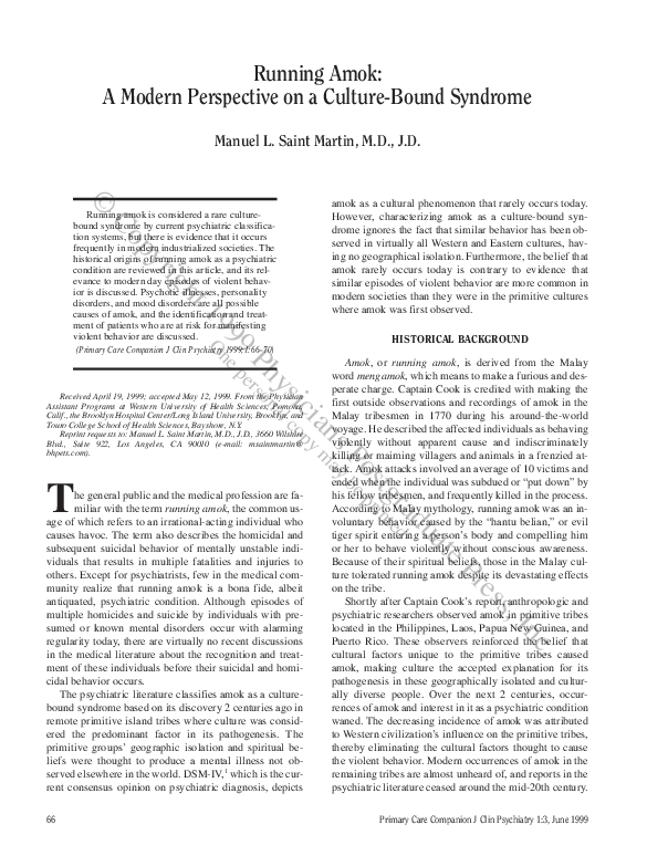(PDF) Running Amok: A Modern Perspetive on a Culture-Bound Syndrome