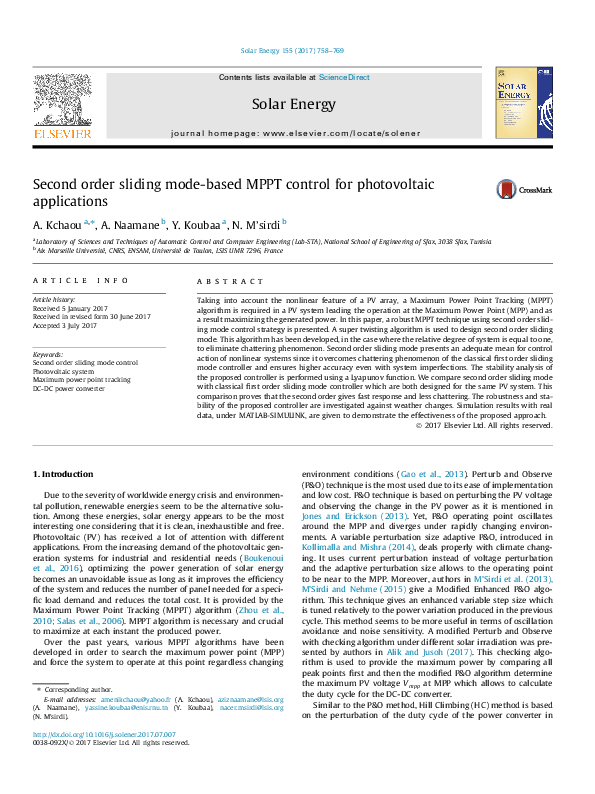 (PDF) Second order sliding mode-based MPPT control for photovoltaic applications