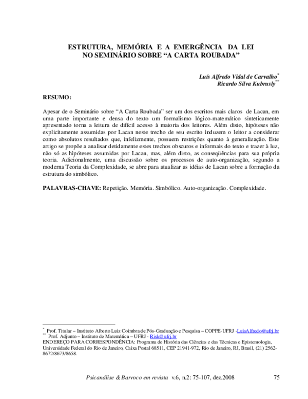 (PDF) Estrutura, Memória e a Emergência Da Lei No Seminário Sobre "A ...