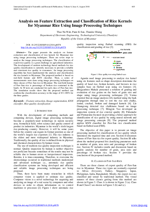 (PDF) Analysis on Feature Extraction and Classification of Rice Kernels for Myanmar Rice Using ...