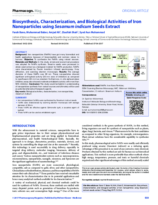 (PDF) Biosynthesis, Characterization, and Biological Activities of Iron Nanoparticles using ...