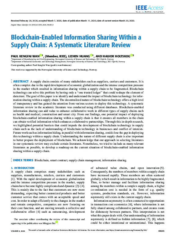 Pdf Blockchain Enabled Information Sharing Within A Supply Chain A Systematic Literature Review