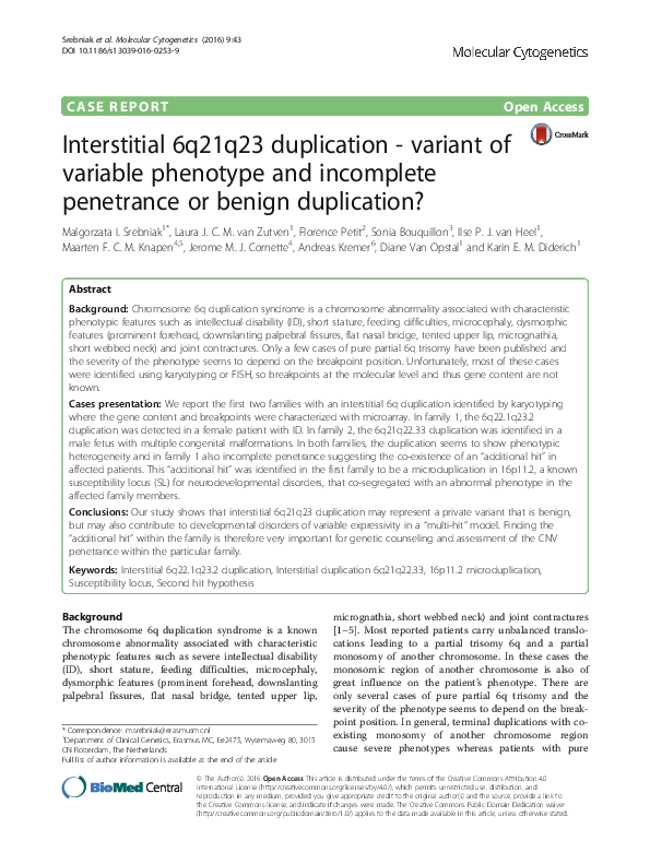 (PDF) Interstitial 6q21q23 duplication - variant of variable phenotype ...