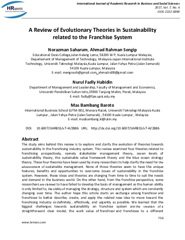 (PDF) A Review of Evolutionary Theories in Sustainability related to the Franchise System