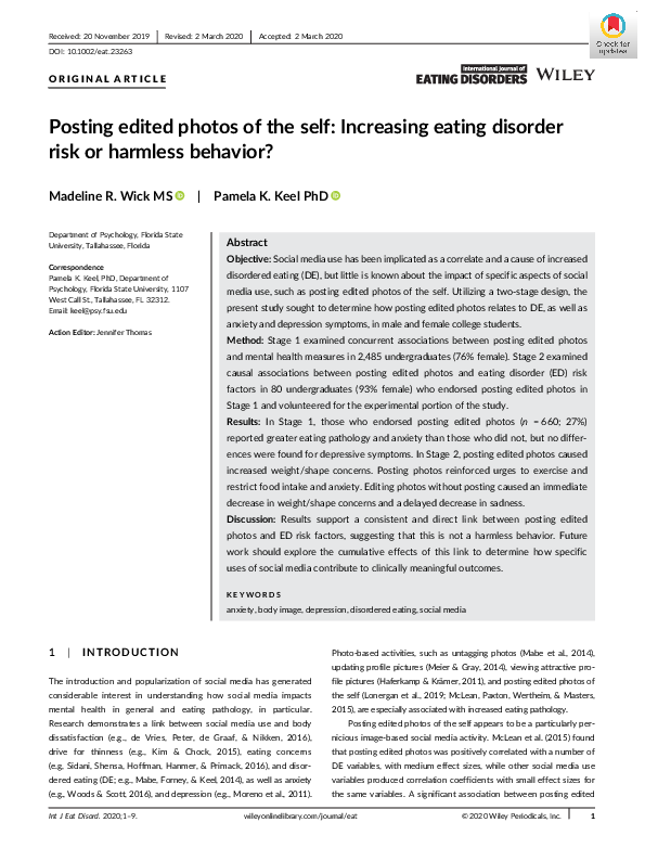 (PDF) Posting edited photos of the self: Increasing eating disorder ...