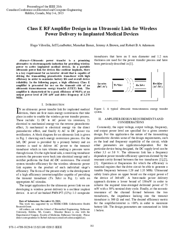 (PDF) Class E RF amplifier design in an ultrasonic link for wireless power delivery to implanted ...