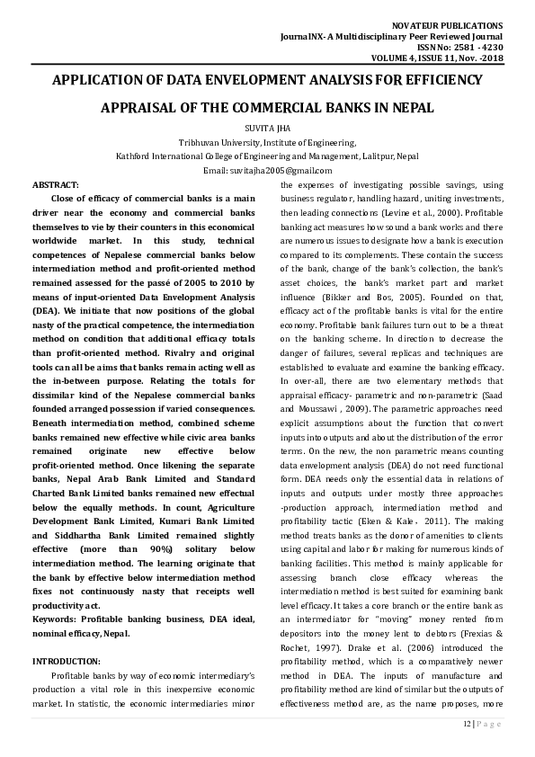(PDF) Application of Data Envelopment Analysis for Efficiency Appraisal ...