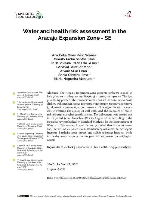 (PDF) Water and health risk assessment in the Aracaju Expansion Zone - SE