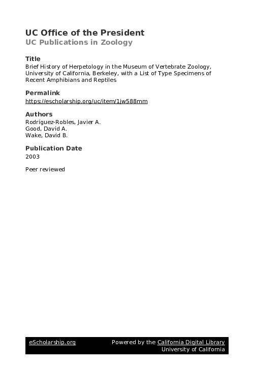 (PDF) Brief History of Herpetology in the Museum of Vertebrate Zoology ...