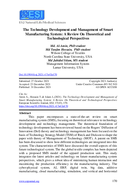 (PDF) The Technology Development and Management of Smart Manufacturing System: A Review On ...