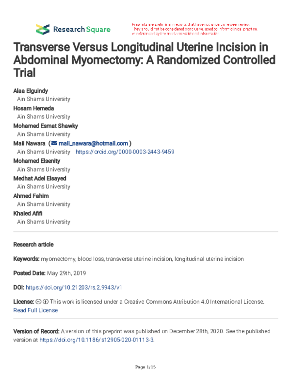 (PDF) Transverse Versus Longitudinal Uterine Incision in Abdominal ...